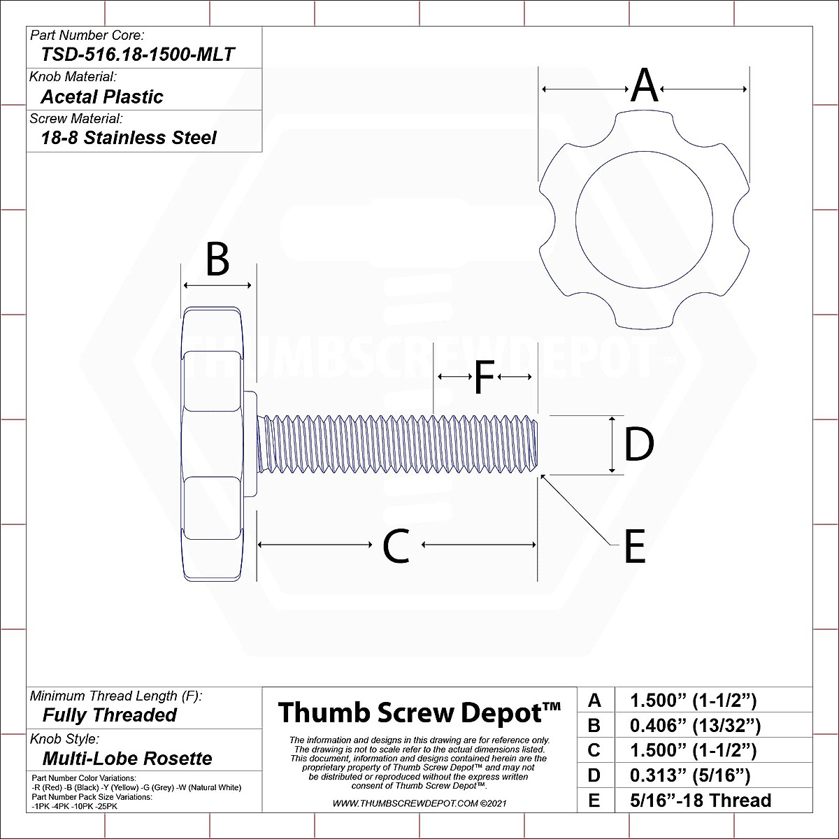 5/16"-18 x 1-1/2" Thumb Screw Stainless Steel - Yellow Multi-Lobe Rosette Plastic Knob - Standard/Coarse Thread Thumbscrew - Length: 1.500" - Proudly Built in USA - Package of (4)