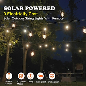 Stright 48FT Solar Powered String Light with Remote Control 8 Light Modes, Weatherproof Shatterproof LED Bulb 15 Sockets Outdoor Strand Patio Light for Fence Backyard