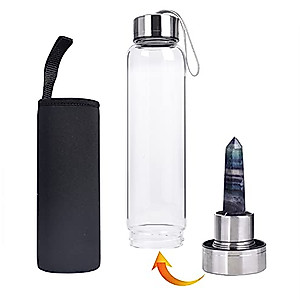 ChezMax Crystal Glass Water Bottle Energy Quartz Gemstone Water Bottle with Changeable Natural Crystal Center for Healing and Wellness