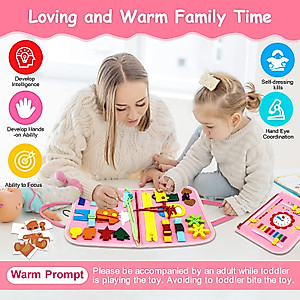 Busy Board Montessori Toys for Toddlers,25 in 1 Preschool Educational Activities Developing Sensory Basic Life-Skills Learning Self-dressing Puzzle Toys for Infants, 3-5 Year Old Boys Girls (Pink)