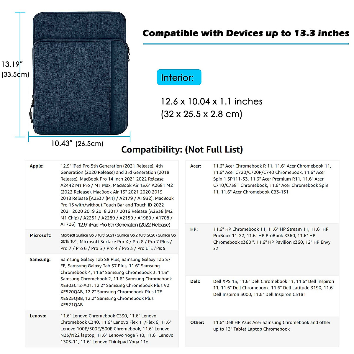 13.3 Inch Tablet Sleeve Case Bag for iPad Pro 12.9, MacBook Air 13 Inch, MacBook Pro 13", Galaxy Tab S9+ S8+ S7+ S7 FE 12.4", Surface Pro 9/8/X/7+/7/6/5/4/3/Pro LTE, Fits Type Cover Keyboard - Indigo