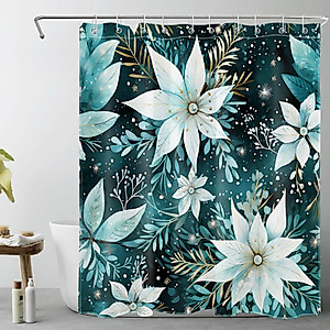 EOBTAIN Vintage Christmas Shower Curtain for Bathroom Watercolor Flower and Pine Plant Leaf on Teal Shower Curtain with 10 Hooks Modern Abstract Botanical Bathroom Curtains Shower Set 60" Wx72 L.