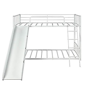 Metal Loft Bunk Bed with Slide and Ladder, Multifunctional Design, with Safety Guard Rails for Kids Teens Adults/Easy to Assemble/No Box Spring Required (White)