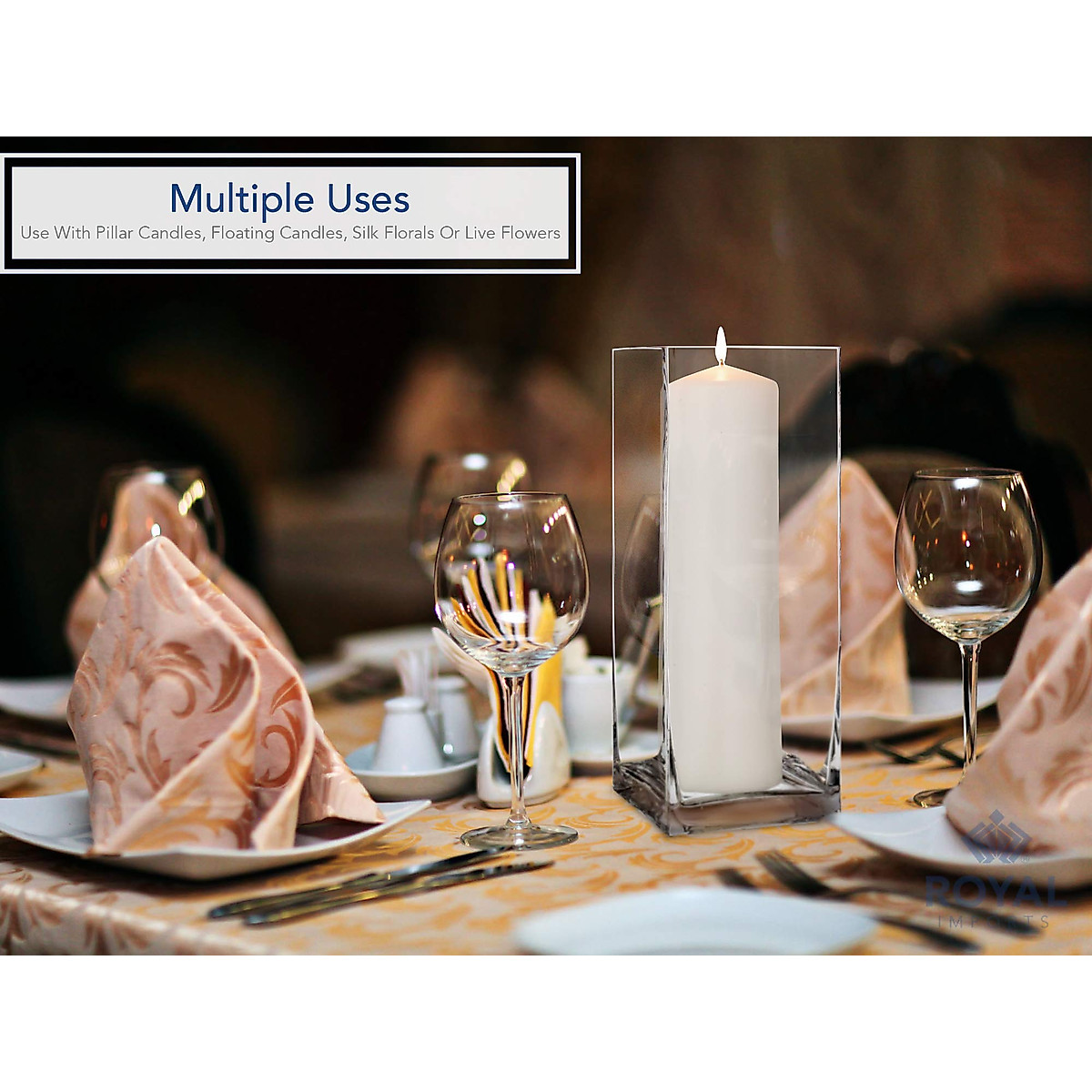 Royal Imports Flower Glass Vase Decorative Centerpiece for Home or Wedding - Tall Rectangle Shape, 12" Tall, 5"x5" Opening