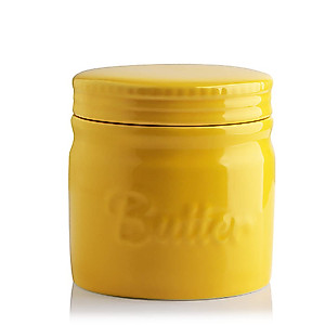 Sweejar Porcelain Butter Keeper Crock, French Butter Dish with Water Line, Ceramic Butter Container for soft butter (Yellow)