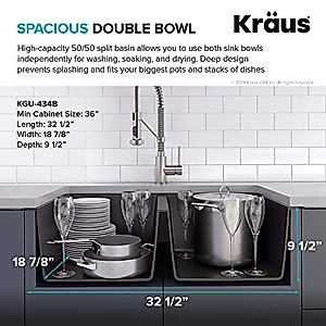 Kraus KGU-434B Undermount 50/50 Double Bowl Granite Kitchen Sink, 32.5-Inch, Black
