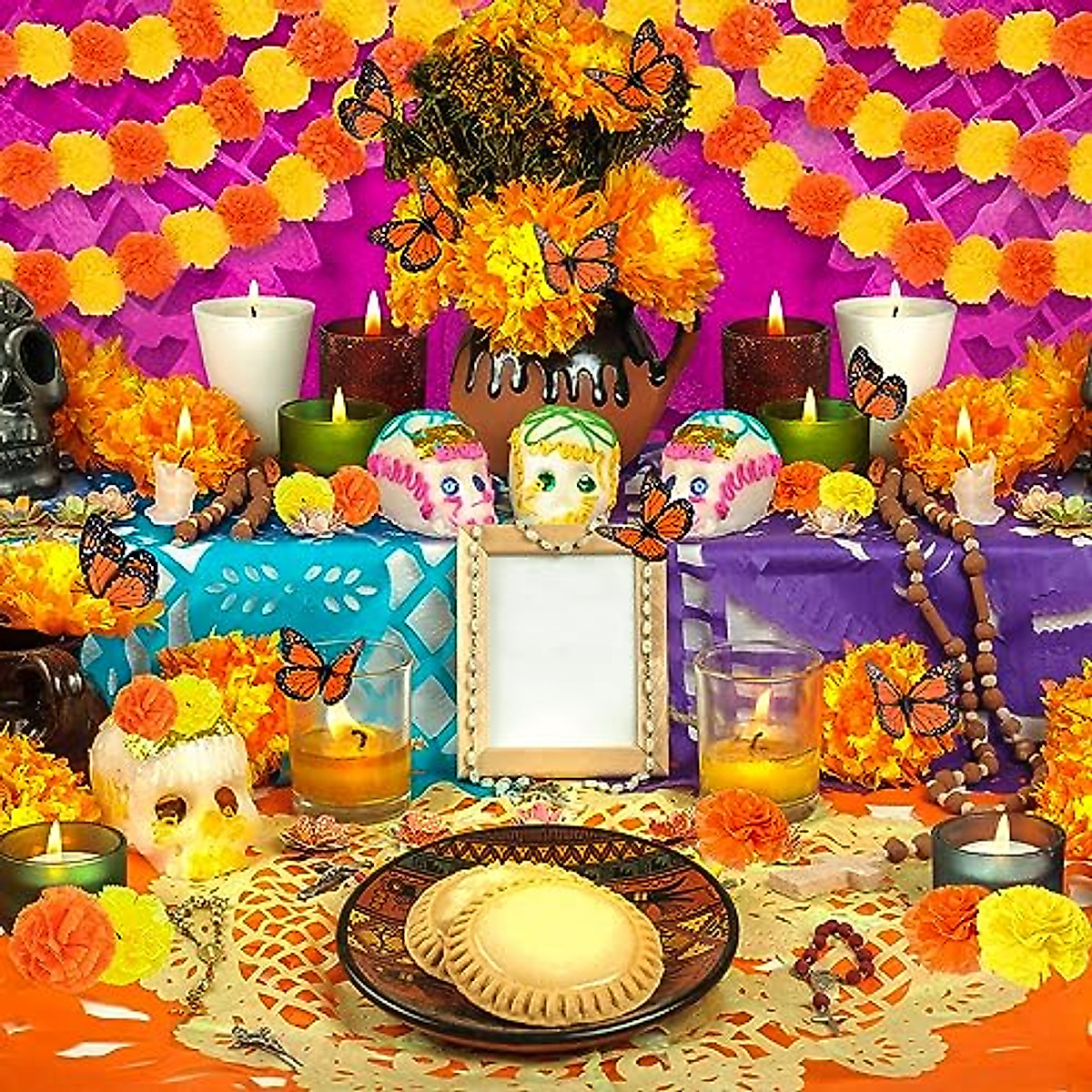 Day of The Dead Decorations Set of 3 Artificial Marigold Garland,30 Marigold Flowers with Stem,6 Butterfly,Dia de Los Muertos Decorations for Halloween Diwali Indian Party