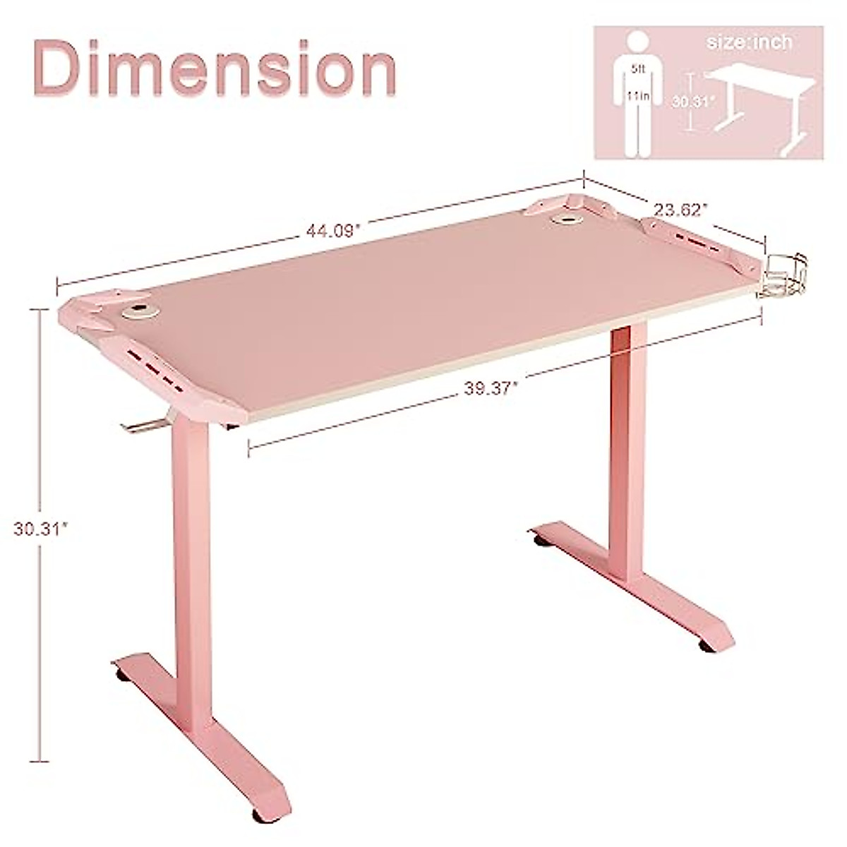 AODAILIHB Pink 44 Inch Cute Computer Gaming Table T Shaped Girl Gamer Workstation Home Office Desk with Cable Management and Headphone/Cup Holder