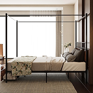 LIKIMIO Canopy Bed Frame Queen with Wooden Headboard and Drawer, Queen Size Bed Frame with 4 Removable Sturdy Posts, Noise Free, No Box Spring Needed, Rustic Brown