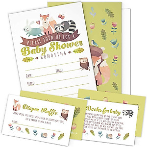 A Set of 25 Woodland Animals Baby Shower Invitations, Diaper Raffle Tickets and Baby Shower Book Request Cards with Envelopes. Gender Neutral Invites Perfect for Baby Boys and Baby Girls.