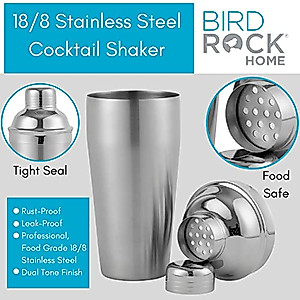BIRDROCK HOME 10 Piece Bartender Kit with Wood Stand | Acacia | Professional Grade Stainless Steel Cocktail Set | Home Bar Tools | Gifts for Him | Shaker Bottle Opener