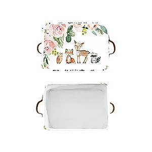 Woodland Animals Pink Floral Personalized Large Storage Box for Toy,Bathroom,Nursery,Home Kitchen Shelves,Custom Closet Decorative Storage Bins 1 Pack
