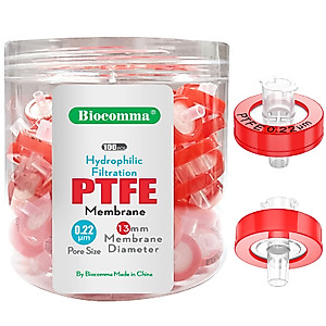 Biocomma Syringe Filters PTFE Membrane - Hydrophilic Filtration 0.22um Pore Size (13mm,100)