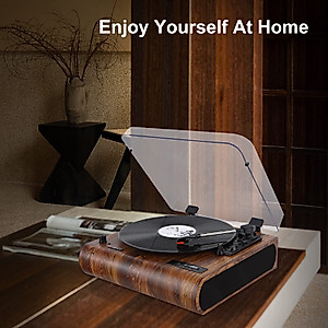 VOSTERIO Bluetooth Record Player, 3 Speed Turntable with Built-in Speakers, Retro LP Vinyl Player with BT Input & Output, FM Radio, USB & SD Card Recording, Aux in, LED Display