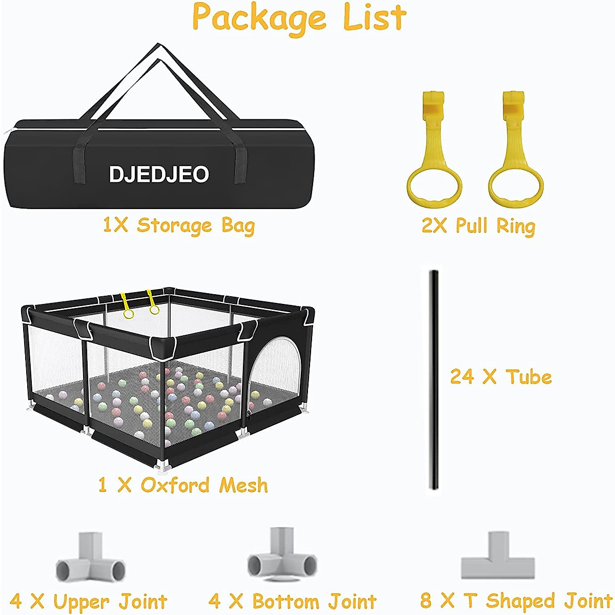 DJEDJEO Baby Playpen for Toddlers, Playard for Baby, Baby Gate Playpen, Indoor & Outdoor Kids Activity Center, Sturdy Safety Play Yard with Hand Rings(Black,50”×50”)