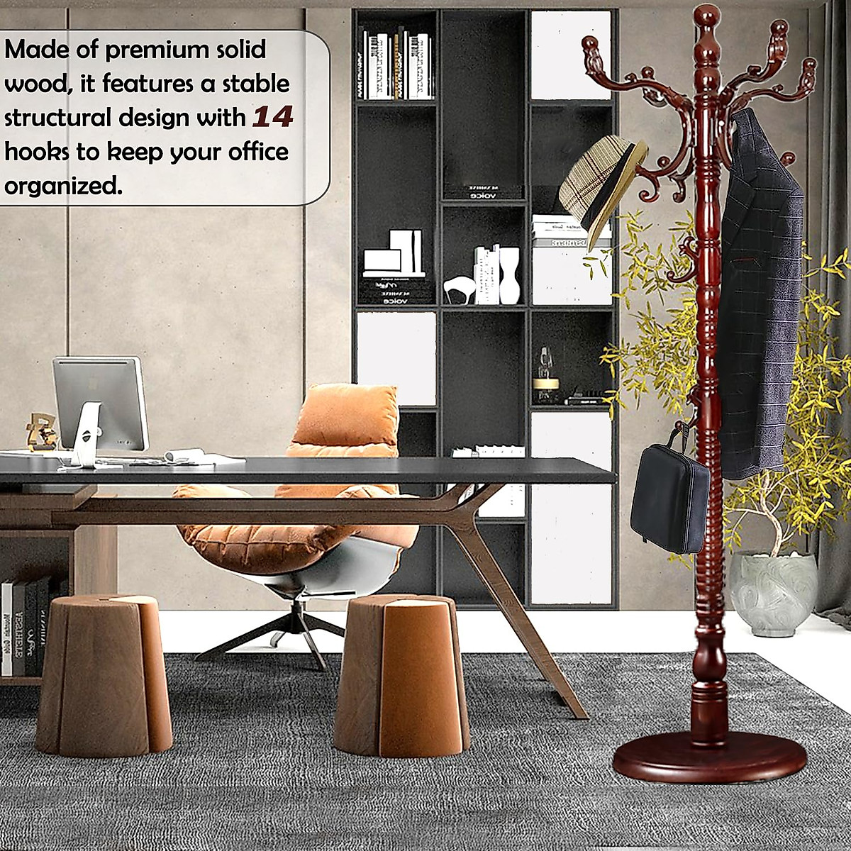 Sauqzoh Coat Racks Free Standing with 14 Hooks, Natural Wood Coat Stands for Entryway, Adjustable Height 73 in Tree Coat Rack Stand for Hallway Home Office Bedroom (Mahogany)