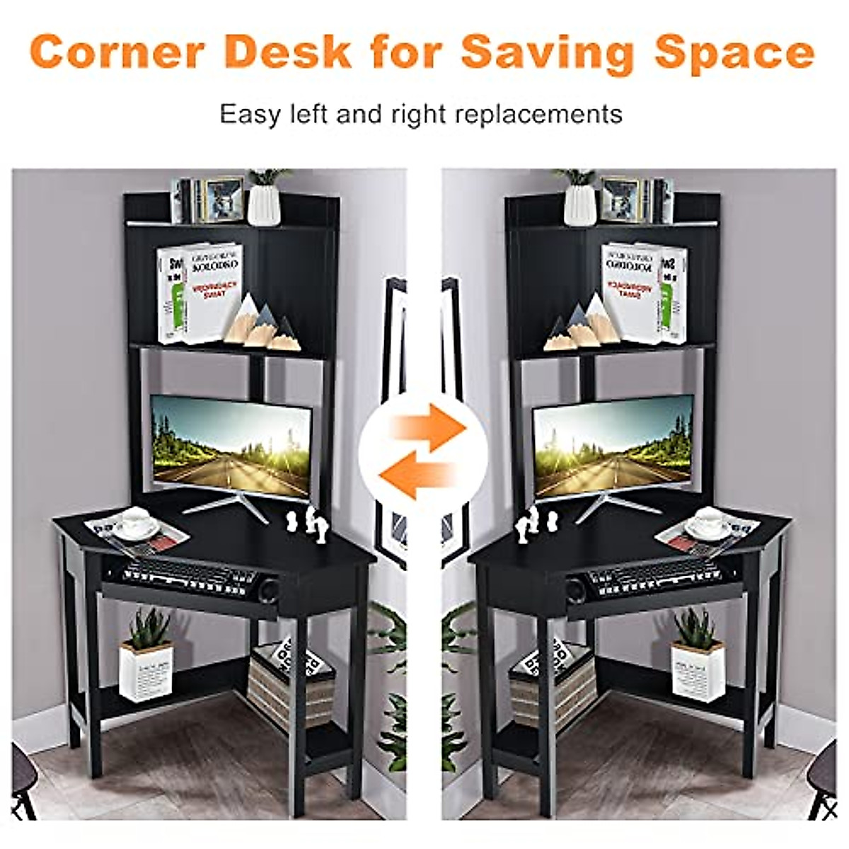 IFANNY Corner Computer Desk with Hutch, Triangle Corner Desk w/Keyboard Tray and Bookshelves, Corner Writing Desk with Storage Shelves, Small Corner Desks for Small Spaces (Black)