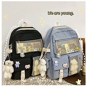 Zitouryo Kawaii Backpack with Cute Bear Plush Cute Pin Accessories Large Capacity Aesthetic School Bags College Backpack for Girls Teen (Black Bookbag)