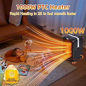 ZTAB Space Heater Indoor use, 1000W PTC Ceramic Electric Heater indoor with Remote, 90°Oscillating, Fast Safety Heater, Portable Desk Heater for Bedroom, Office, Home, Black