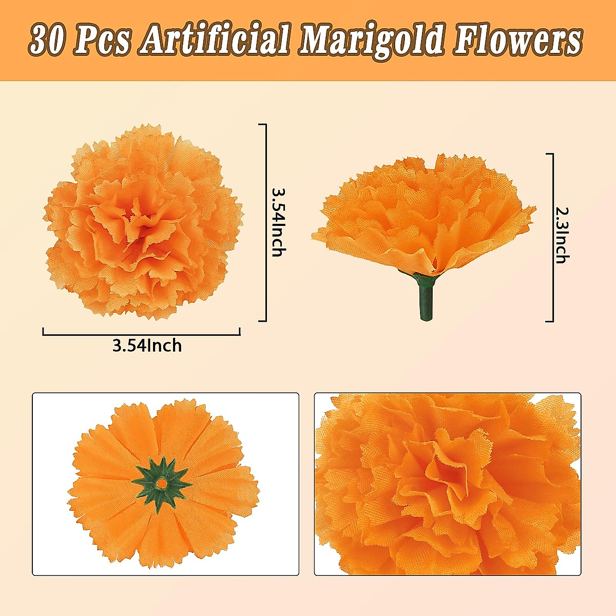 30 pcs Artificial Marigold Flowers,3.54" Silk Marigold Flower Heads,Orange Flowers Artificial for Decoration,Marigold Heads for Parties,Indian Wedding,Indian Theme,Diwali Home Decor DIY Wreath Garland