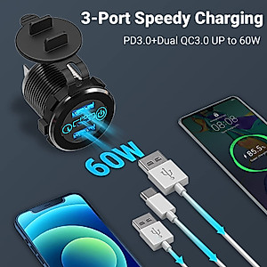 [2021 New] Quick Charge 3.0 Dual 12V USB Car Charger, USB C 12 Volt Outlet, Qidoe Dual QC 3.0 18W & PD 30W Type C Triple 12V USB Socket Aluminum Car Charger