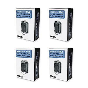 Carson MicroBrite Plus 60x-120x Power LED Lighted Pocket Microscope - Set of 4 & MicroFlip 100x-250x LED Lighted Pocket Microscope with Flip Down Slide Base, Smartphone Adapter Clip and UV Flashlight