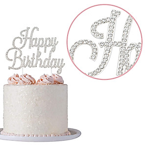 Happy Birthday Cake Topper - Premium Silver Metal - Happy Birthday Party Sparkly Rhinestone Decoration Makes a Great Centerpiece - Now Protected in a Box