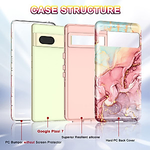 Btscase for Google Pixel 7 Case, Marble Pattern 3 in 1 Heavy Duty Shockproof Full Body Rugged Hard PC+Soft Silicone Drop Protective Women Girl Phone Covers for Google Pixel 7 (2022), Rose Gold