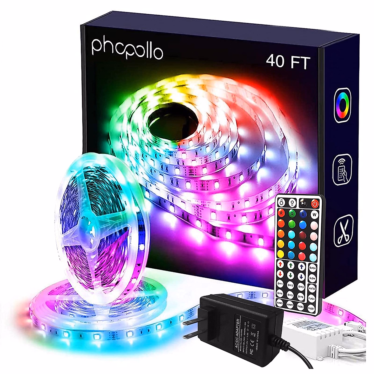 phopollo Led Lights 40ft for Bedroom RGB Color Changing Led Lights Kit with Power Supply and Remote