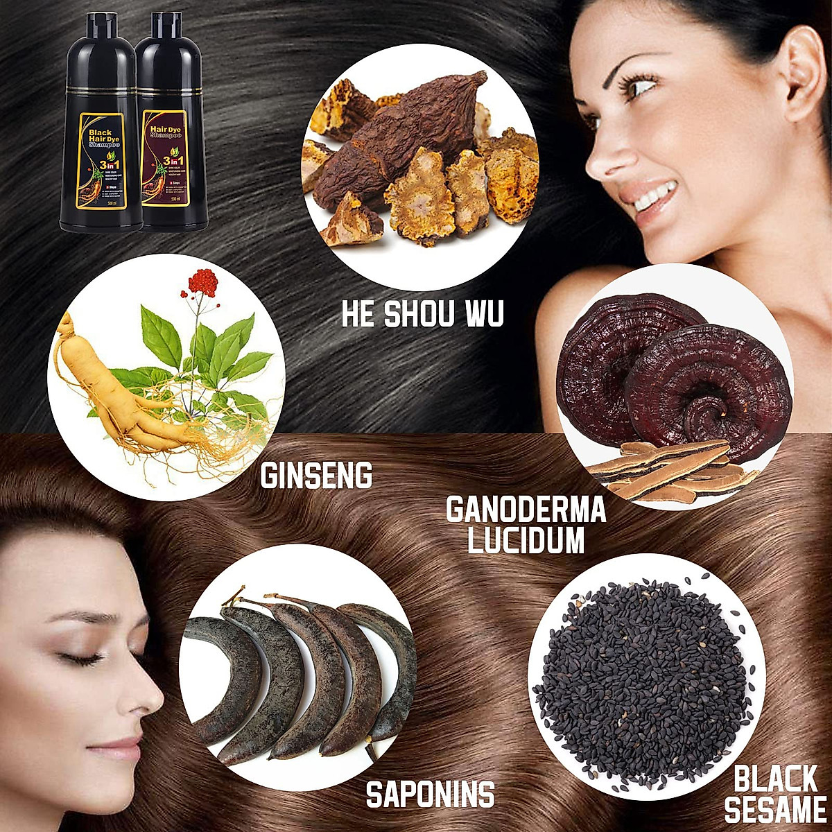 500ml Natural Herbal Black Color Instant Dye Shampoo, 3 in 1 Moisturizing and Smoothing Shampoo for Easy-to-use Hair Dyeing (Dark wine red)