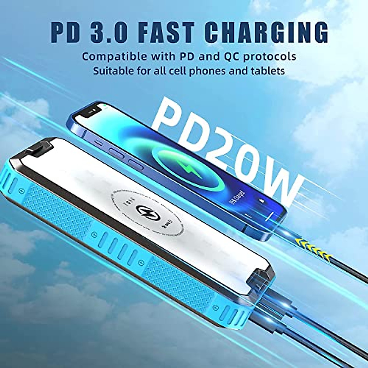 Solar Charger Power Bank 30000mAh, PD 20W Solar Phone Charger QC3.0 Fast Charging, 10W Wireless Charging, LED Flashlight Waterproof, Outdoor Solar Powerbank Portable Charger for iPhone Android