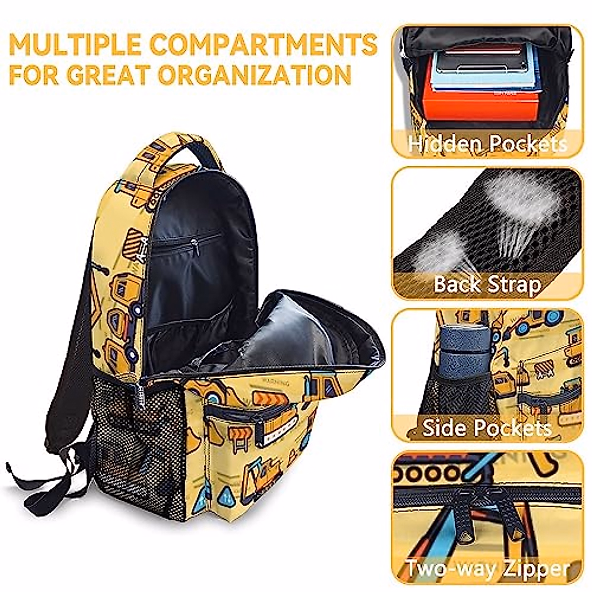 KNOWPHST Construction Backpacks for Boys, 16 Inch Cartoon Truck Backpack for School, Yellow, Large Capacity, Durable, Lightweight Bookbag for Kids Travel