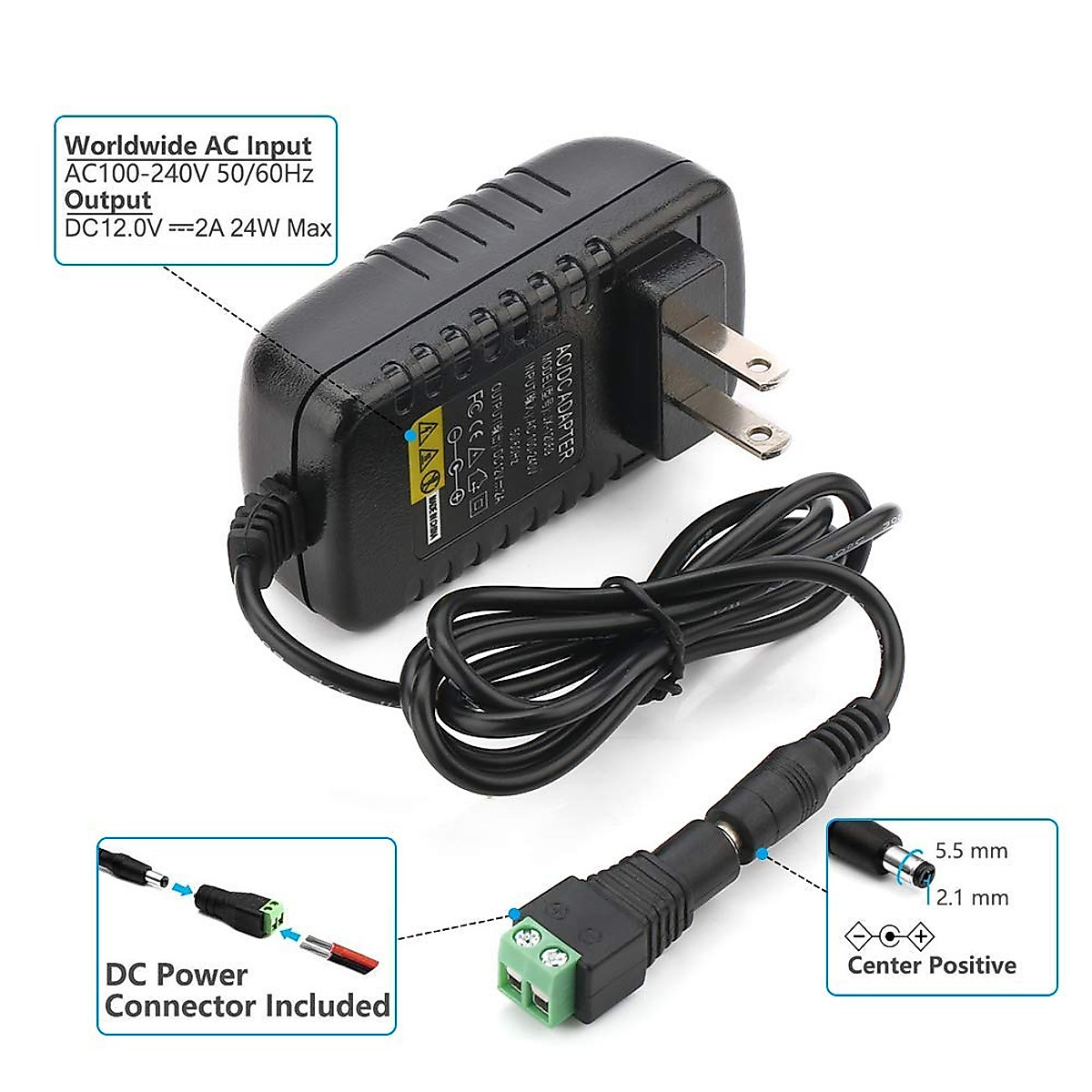 AC Adapter, YIFENG 12V / 2A AC DC Switching Power Supply Adapter(Input 100-240V, Output 12V 2A) with DC Connector Gift