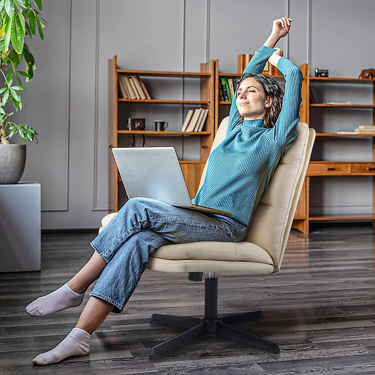 PU-Padded High-Back Armless Office Desk Chair - Modern Swivel Vanity Chair with Rocking Design, Wide Seat & No Wheels for Home Office Tasks by