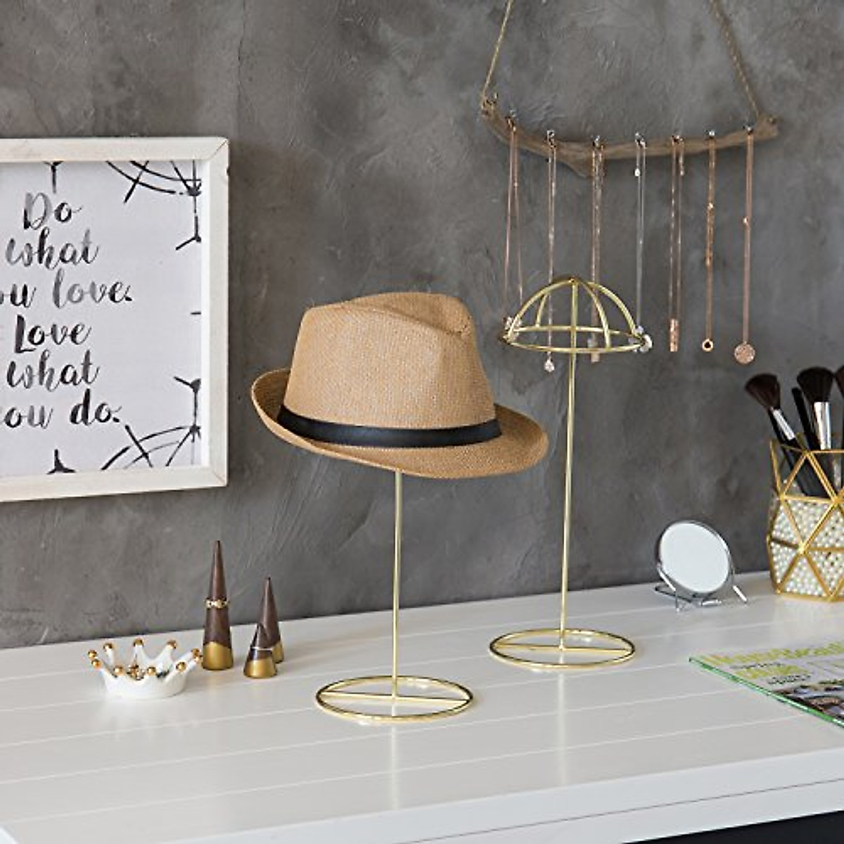 MyGift 14-Inch Brass-Tone Wire Tabletop Hat Stands, Set of 2