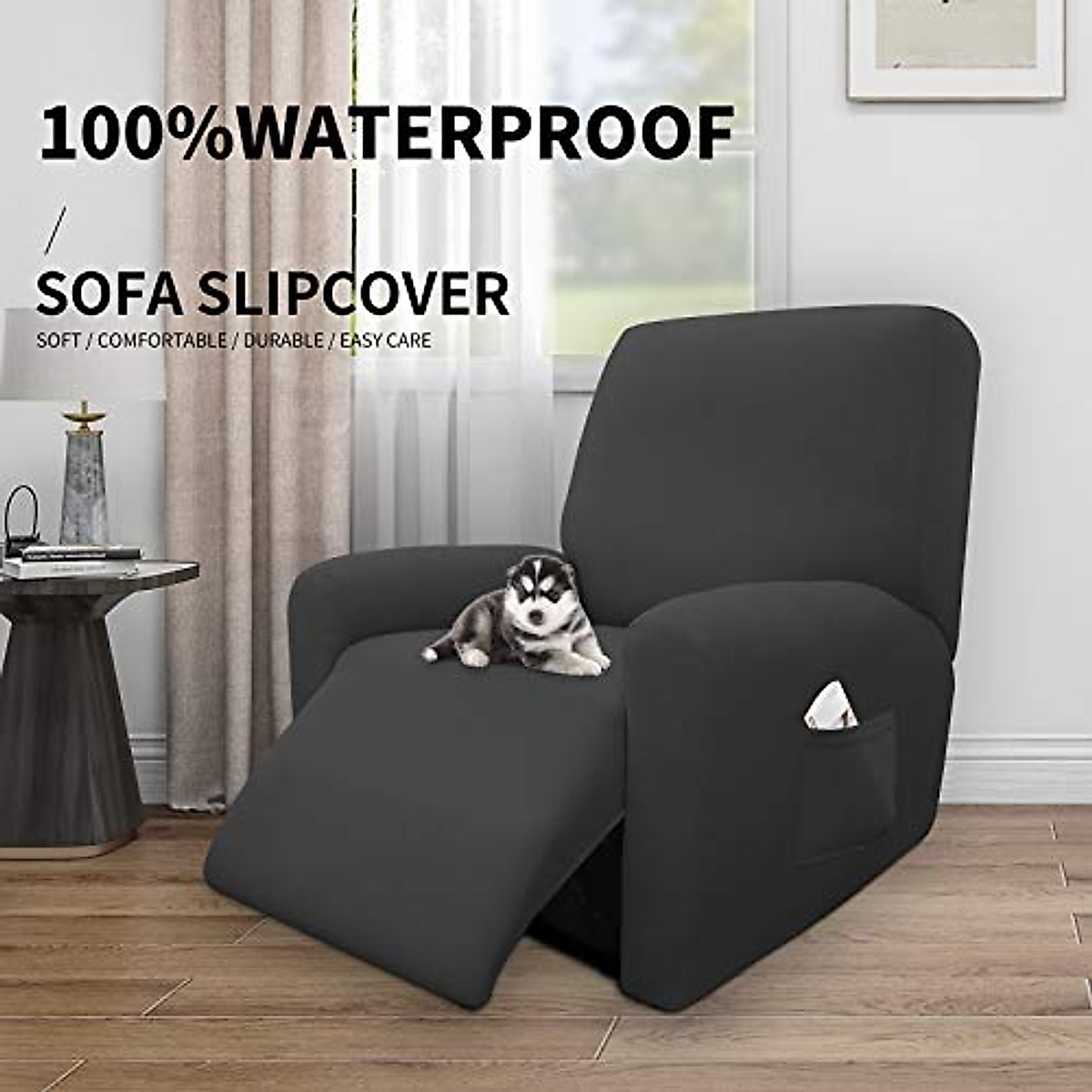 Easy-Going 100% Dual Waterproof Recliner Cover Stretch Soft Couch Cover for Dogs, Sofa Slipcover for Recliner Couch Leakproof Furniture Protector for Kids, Pets Dark Gray