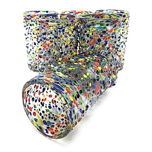 Hand Blown Mexican Drinking Glasses - Set of 6 Confetti Rock Design Glasses (14 oz each)