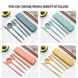 WJINGS 4 Sets Wheat Straw Cutlery, Portable Cutlery Set, Reusable Travel Flatware Set, for Lunch Boxes Workplace Camping School Picnic or Daily Use (Green, yellow, orange, blue)