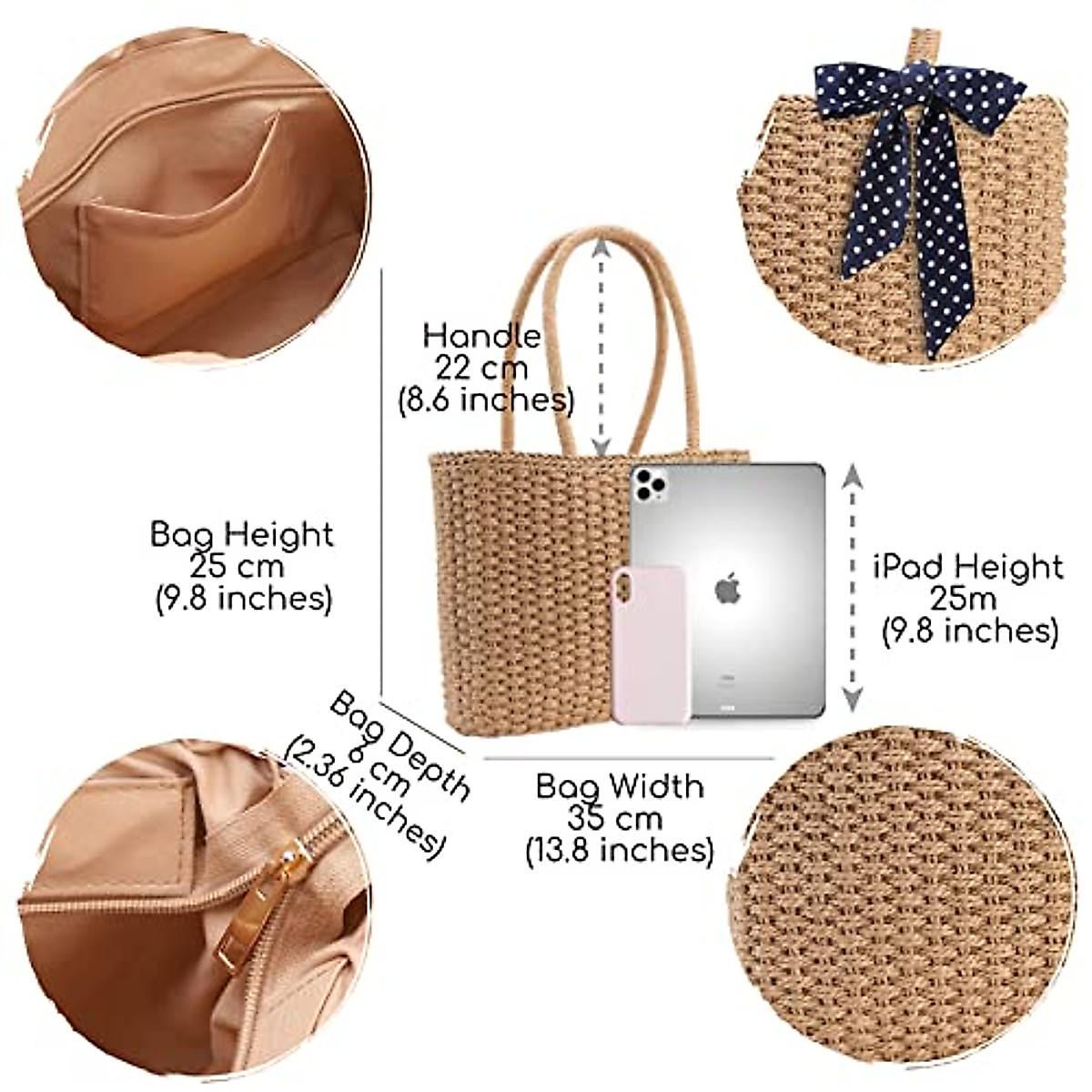 YXILEE Zipper Straw Bags For Women | Straw Purse Woven Handmade Summer Handbag for Travel Beach
