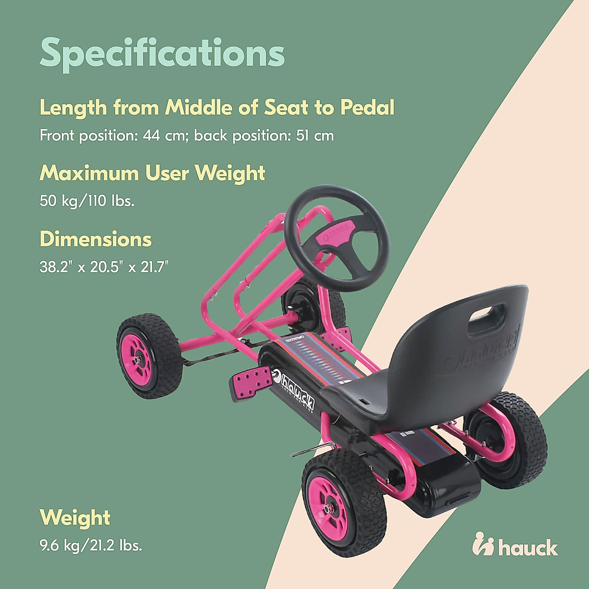 hauck Lightning Ride On Pedal Go Kart Toy with Ergonomic Adjustable Bucket Seat, Handbrake, and Sharp Handling for Boys and Girls, Pink