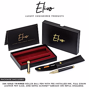 Elizo Luxury Pen Fancy Pens Real 24K Gold Plated Trim Leather Pen Case Nice Pen Gift Set Rollerball Schmidt Ink Refill Cool Pens Best Pens Cute Pens EDC Pen Executive Smooth Writing Pens for Men Women