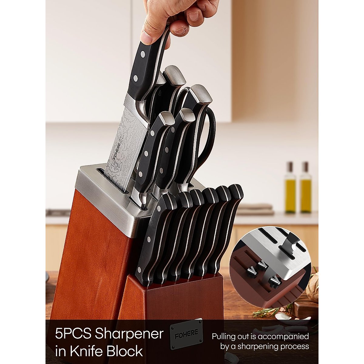 Knife Block Set, FOHERE 14 Pieces Razor-Sharp Self Sharpening Knife Set, High Carbon Stainless Steel Waved Pattern Knife Set with Block, Rust & Stain Resistant Kitchen Knives and Triple Riveted Handle