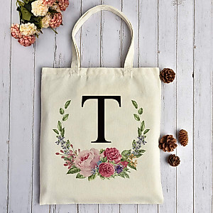 Personalized Floral Initial Tote Bags for women Canvas Tote Bags Reusable Grocery Shopping Bags for Bridesmaids Wedding Bachelorette Birthday Party Large Book Tote Gift Bags Eco - Friendly (Letter L)