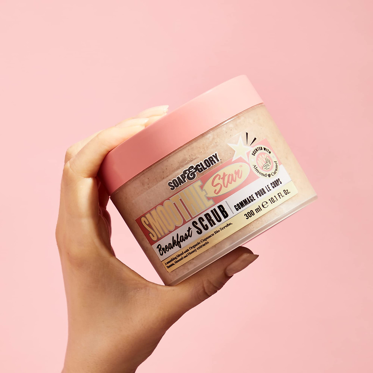 Soap & Glory Smoothie Star Exfoliating Breakfast Body Scrub - Buff & Smooth - Almond & Caramel Scented Body Polish - Brightening Scrub with Honey Extract + Sweet Almond Oil (300ml)