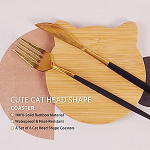 Baveke Bamboo Crafted Unique Adorable Cat Shaped Coasters Set of 6 for Bar Dining Table Kitchen Home Décor - 5.3 Inches, Natural