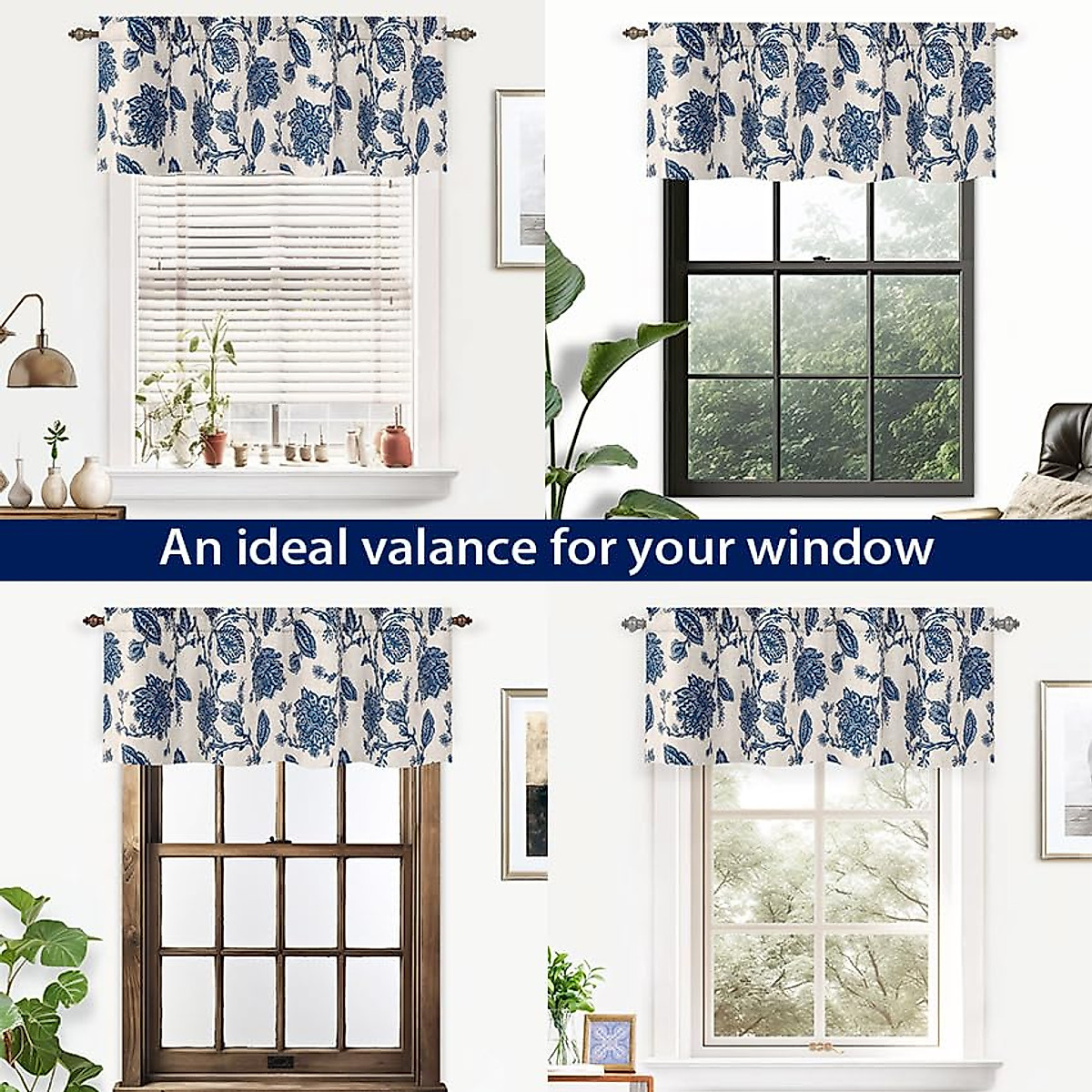 DriftAway Freda Jacobean Floral Linen Blend Blackout Thermal Insulated Energy Saving Privacy Window Linen Curtain Valance Rod Pocket 2 Layers Single 52 Inch by 18 Inch Plus 2 Inch Header Navy Beige