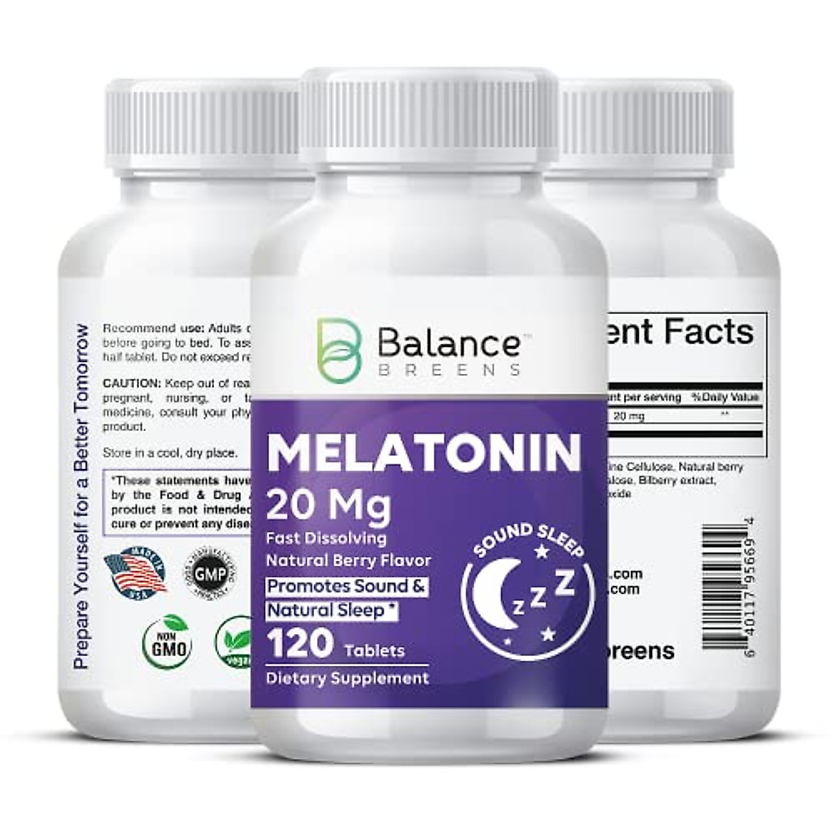 Melatonin 20mg Fast-Dissolve 120 Tablets - Natural Berry Flavor, Non-Habit Forming - Fall Asleep Faster, Stay Asleep Longer, Natural Sleep Aid - Non-GMO, Gluten-Free, Vegan Tablets by Balance Breens