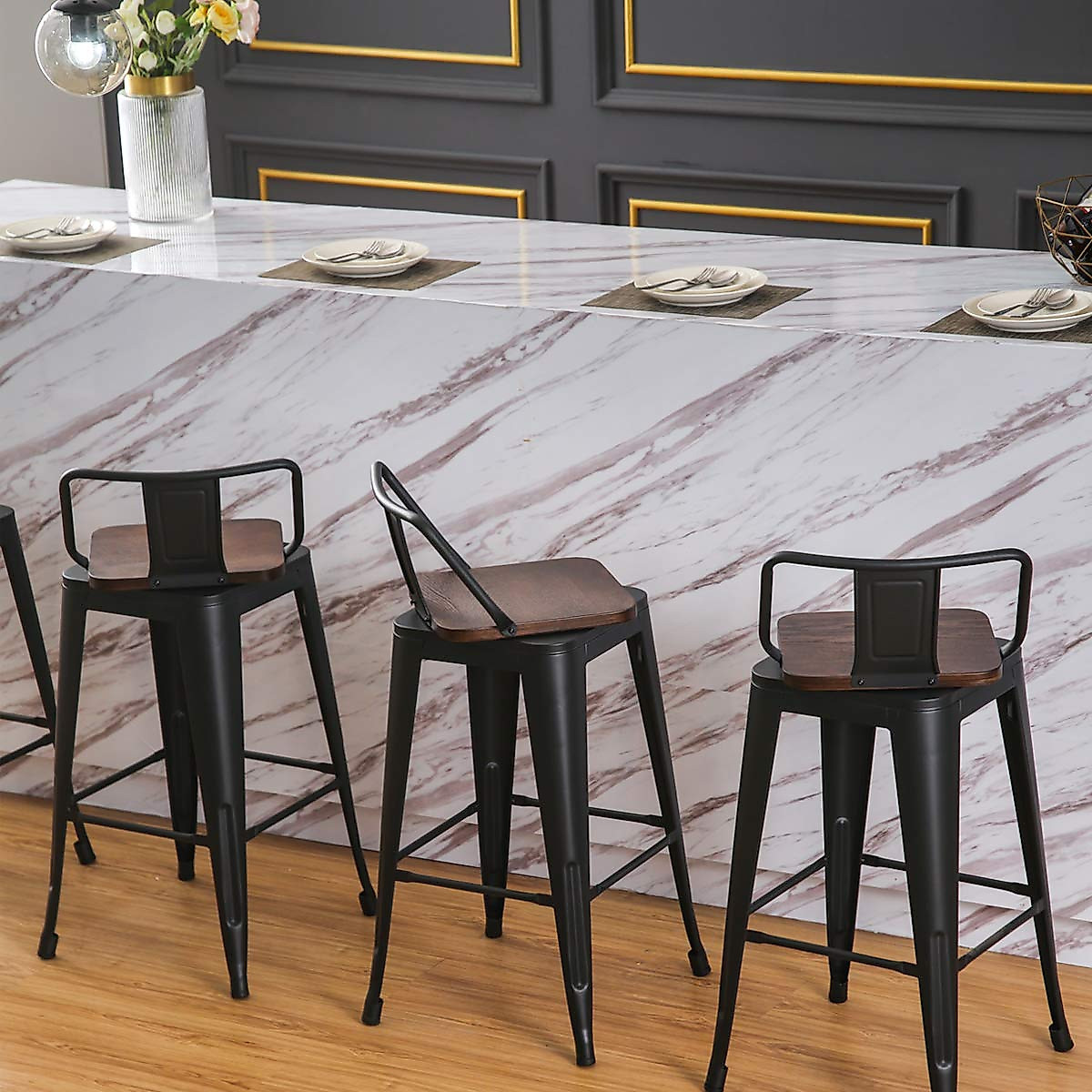 Changjie Furniture 30 Inch Swivel Bar Stools Set of 4 Counter Height Swivel Bar Stools with Backs Industrial Barstools for Kitchen (Swivel 30 inch,Matte Black Wooden)