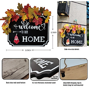 16 Inch Seasonal Welcome Sign Wreaths for Front Door with 12 Holiday Gnomes Interchangeable,Fall Decor Hanging Porch Door Signs,DIY Long Maple Garland (Black)