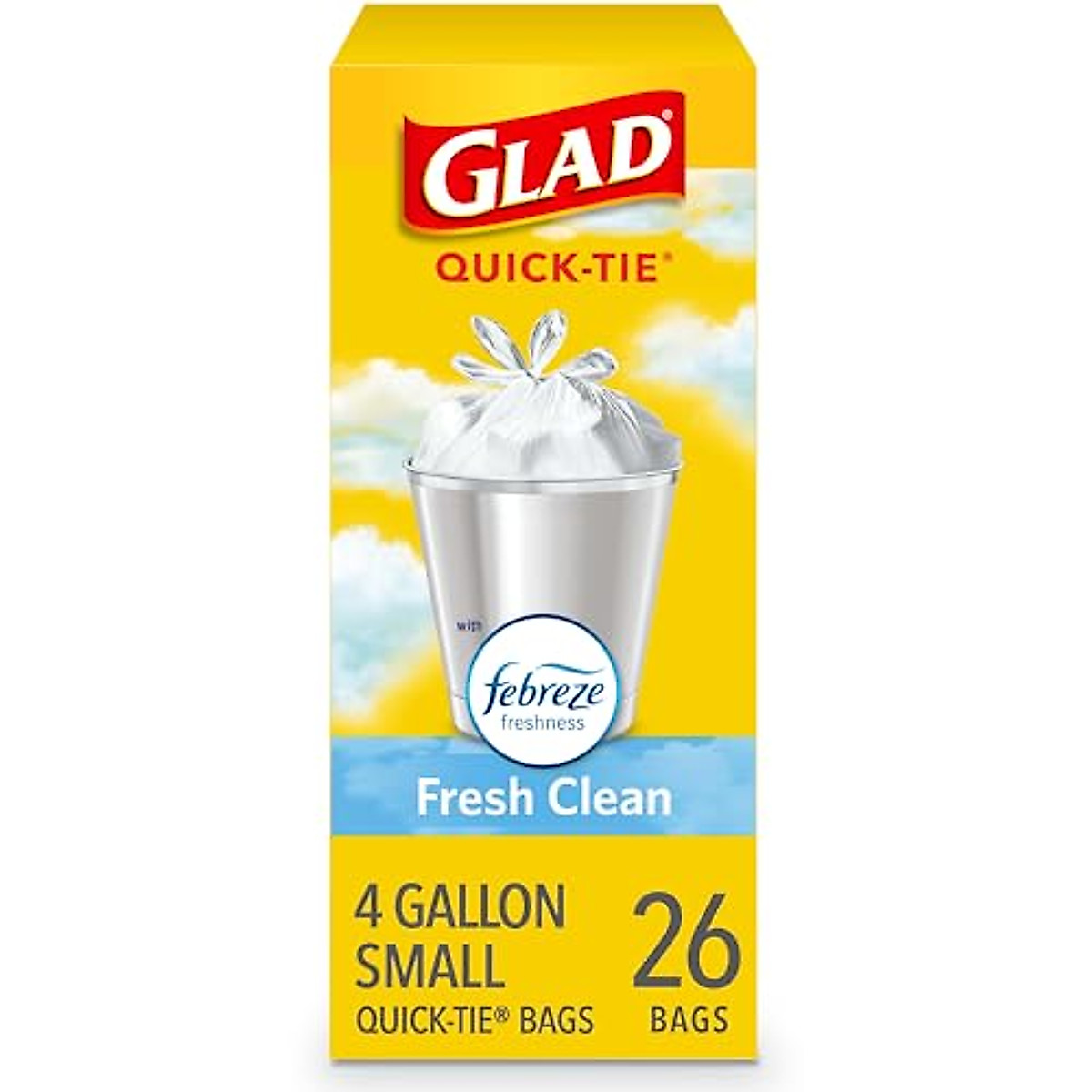 Glad OdorShield Small Trash Bags, Febreze Fresh Clean, 4 Gal, 26 Ct (Package May Vary)
